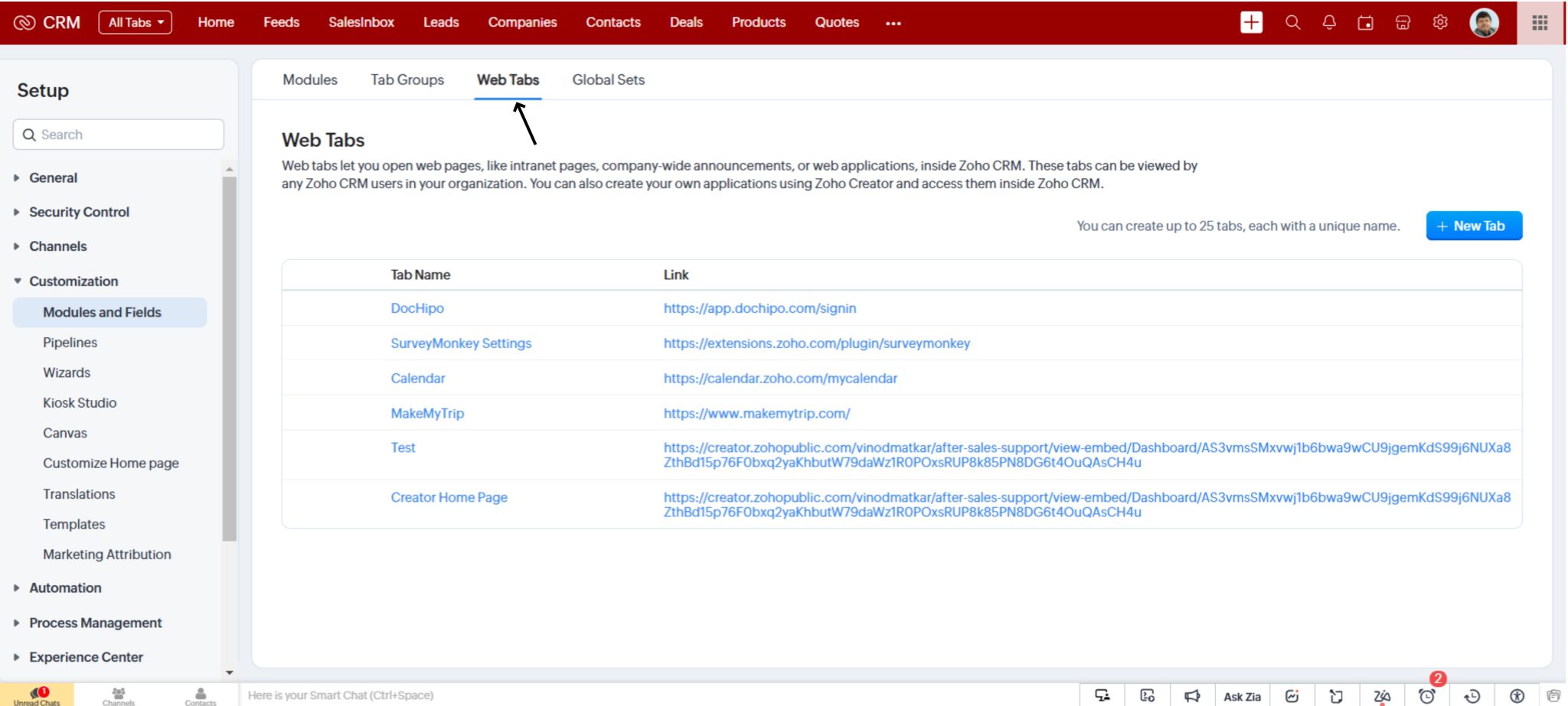 Understanding Web Tabs in Zoho CRM