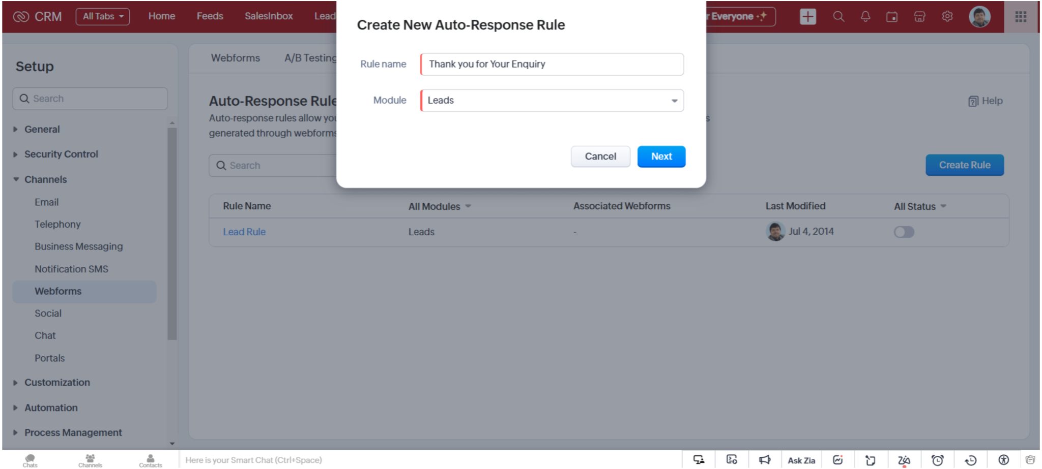 Setting up Auto Response Rules in Zoho CRM